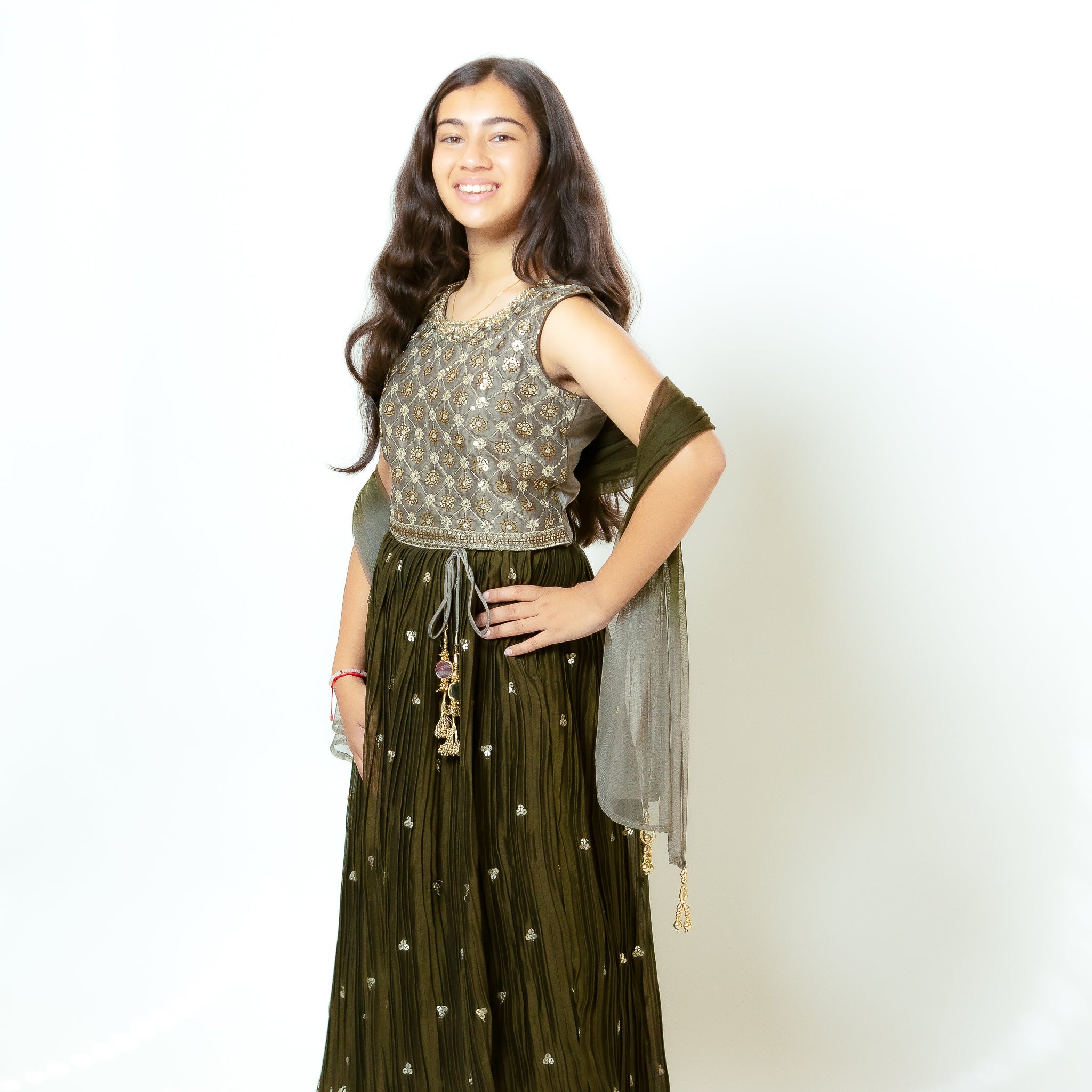 Trisha - Girls Lehenga in Olive Green – Aarika's Closet